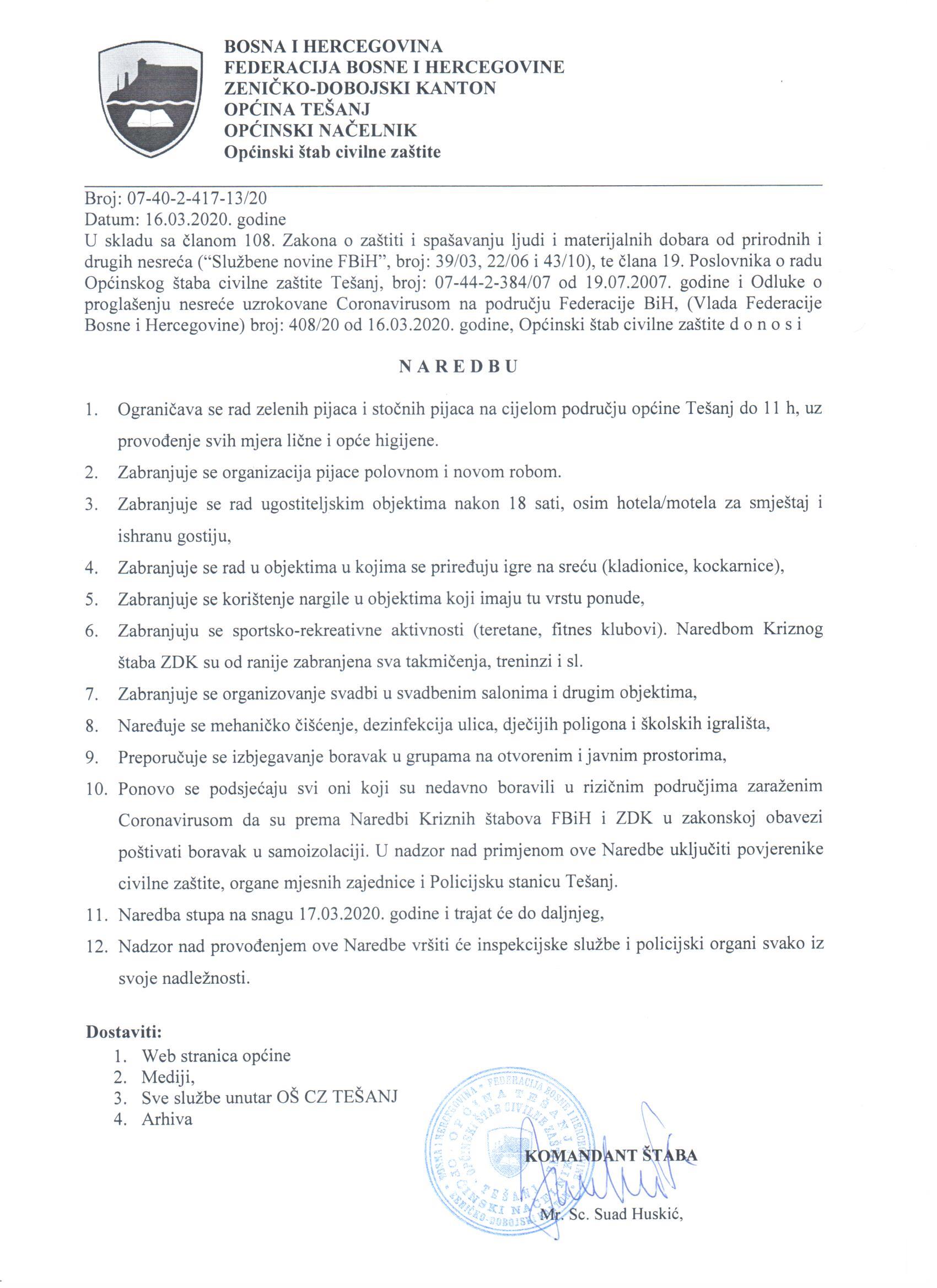 Naredba Općinskog štaba CZ - Općina Tešanj